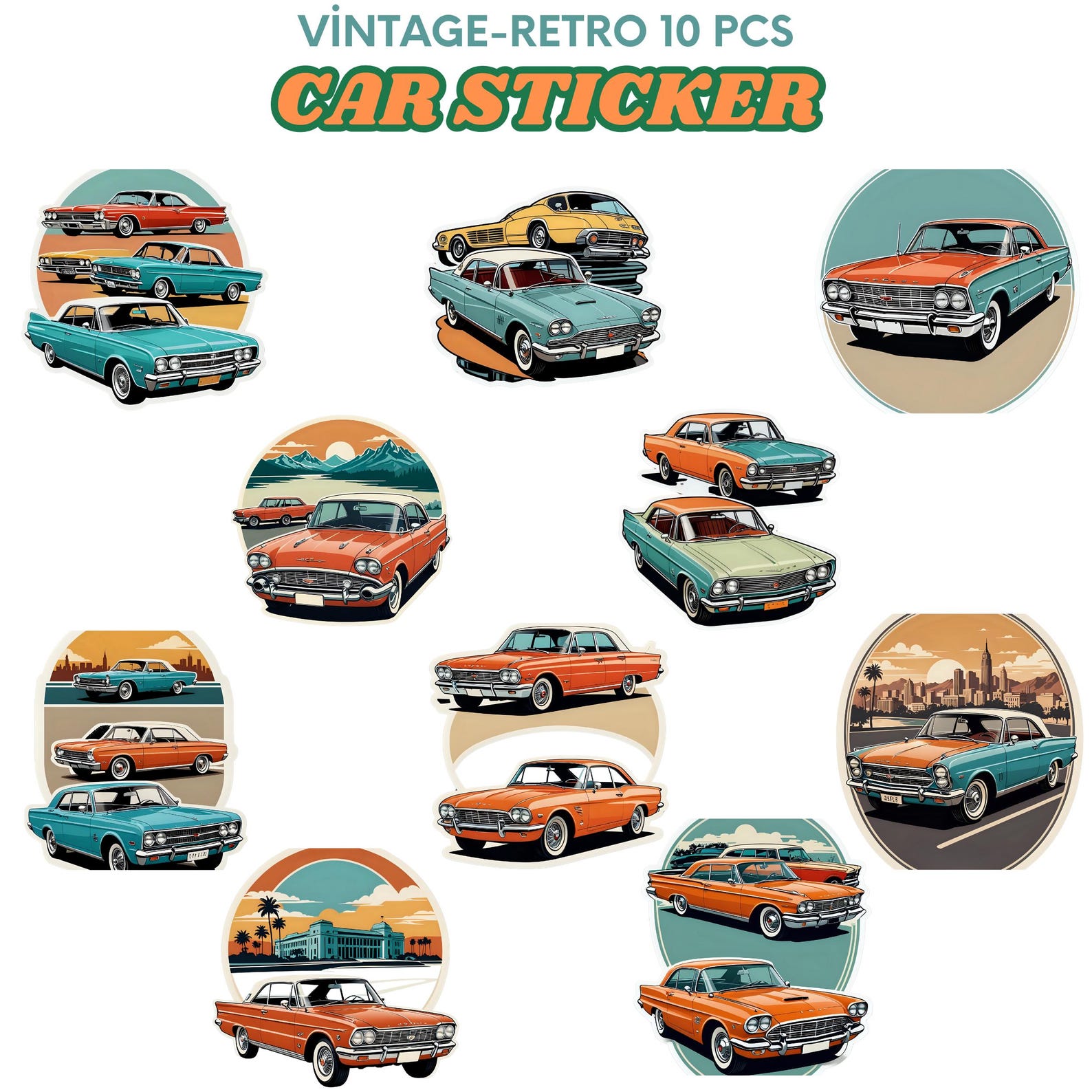 Retro Car Sticker Pack - 10 Printable Pngs - Classic Auto Decals ...