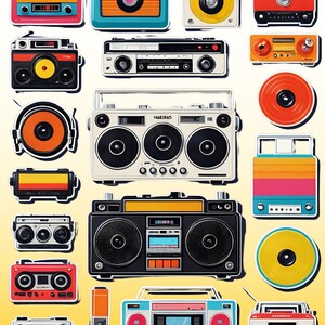 Retro Music Sticker Sheet - Printable PNG-PDF - Vintage Cassette ...