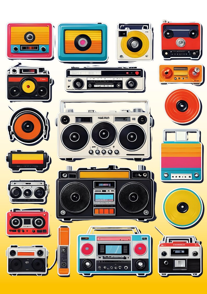 Retro Music Sticker Sheet - Printable PNG-PDF - Vintage Cassette ...
