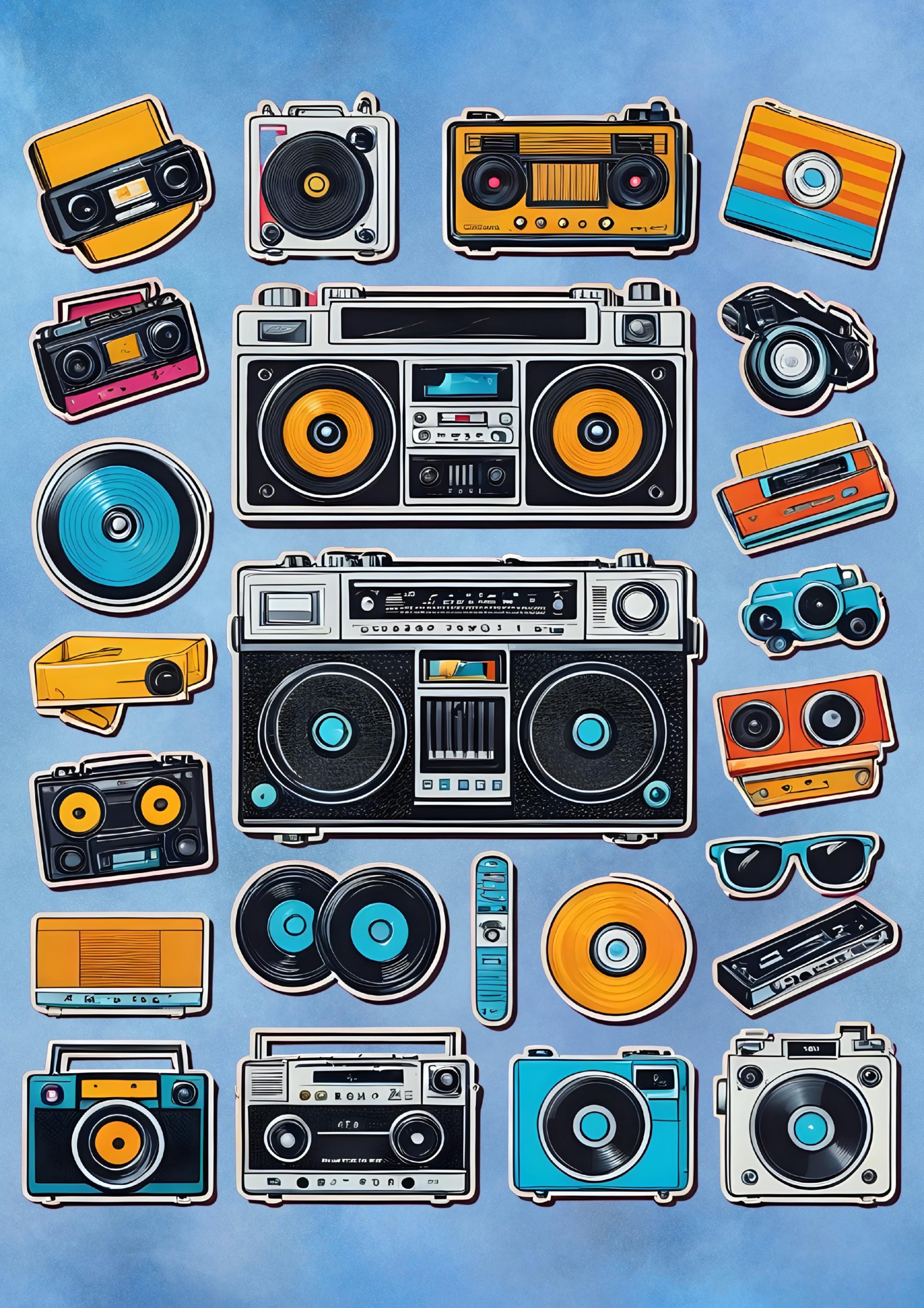Retro Boombox, Cassette Sticker Sheet - Printable PNG PDF - Vintage ...