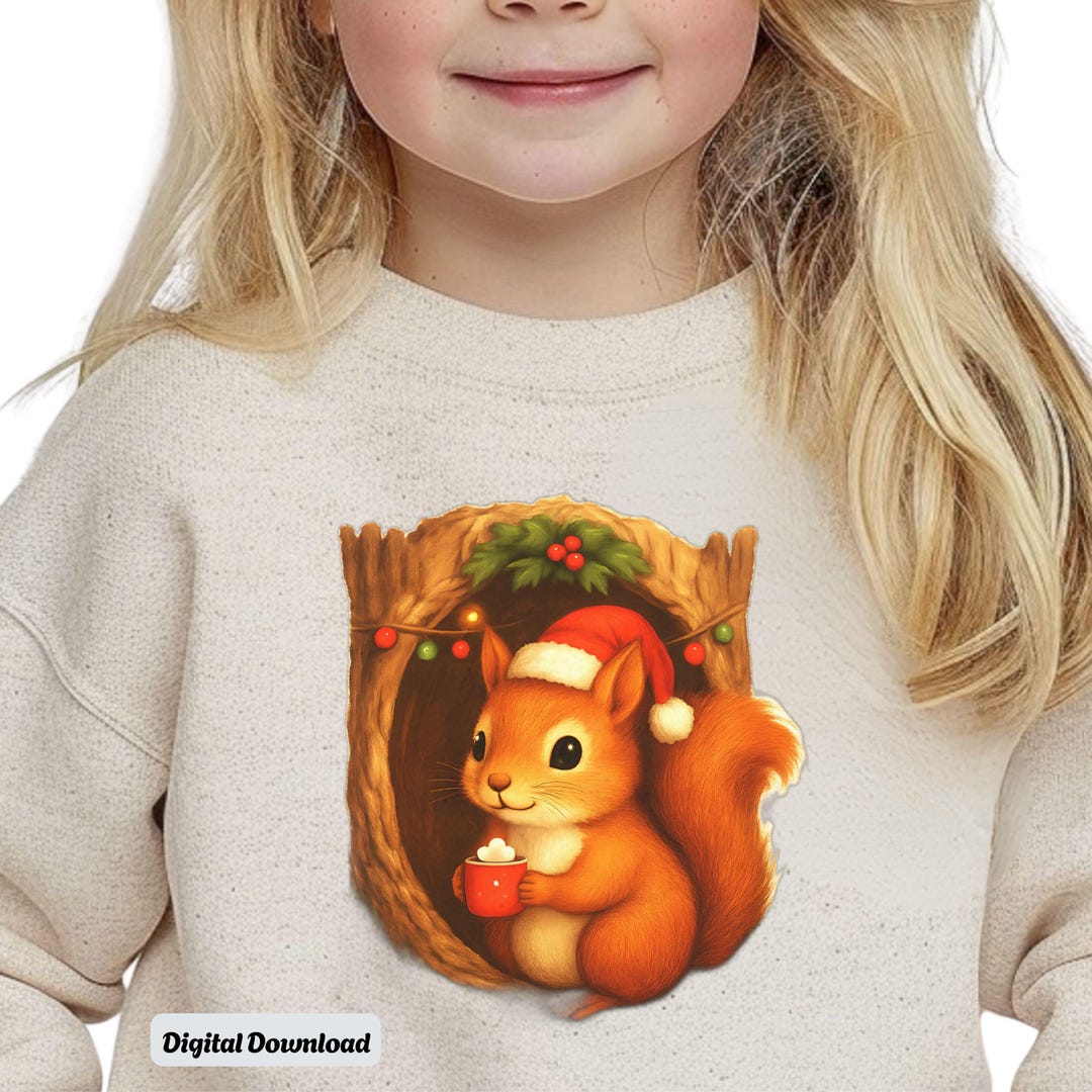 Cozy Christmas Squirrel PNG, Hot Cocoa & Santa Hat, Winter Animal ...