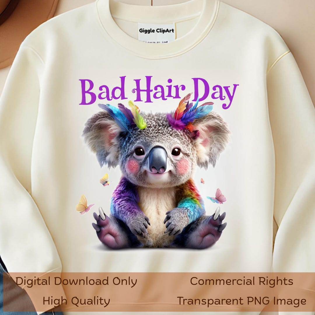 Koala PNG Digital Download, Cute Bad Hair Day Art With Rainbow Feather ...