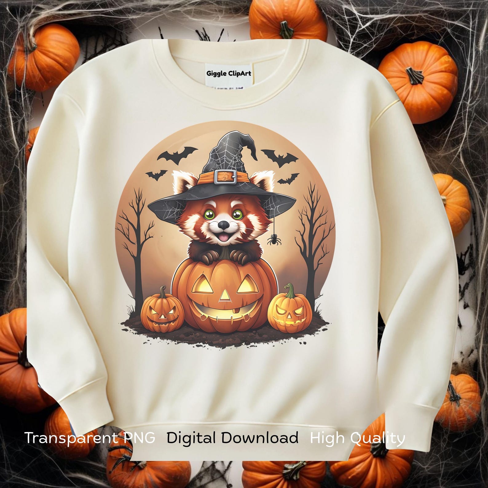 Halloween Red Panda PNG With Pumpkins & Spiders, Cute Autumn Animal ...