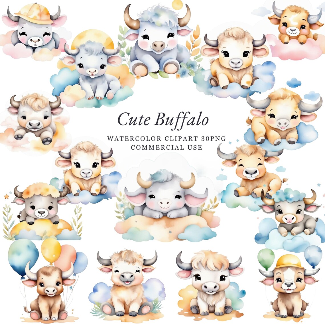 Baby Cute Buffalo Cliparts, Cute Animal PNG, Watercolor PNG, Buffalo ...