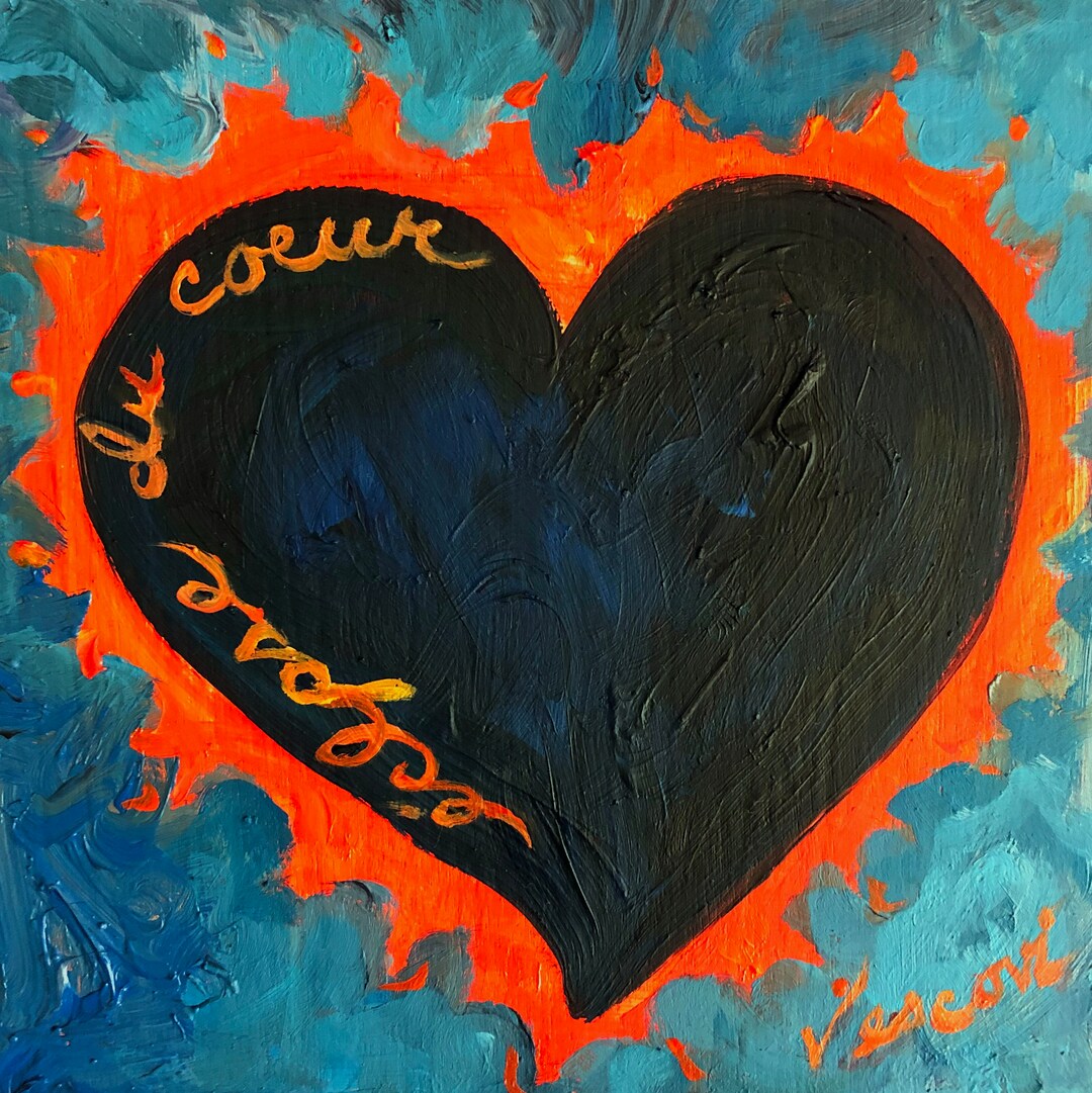 Indigo Heart Eclipse Oil and Cold Wax Painting, Red Flames Surrounding ...