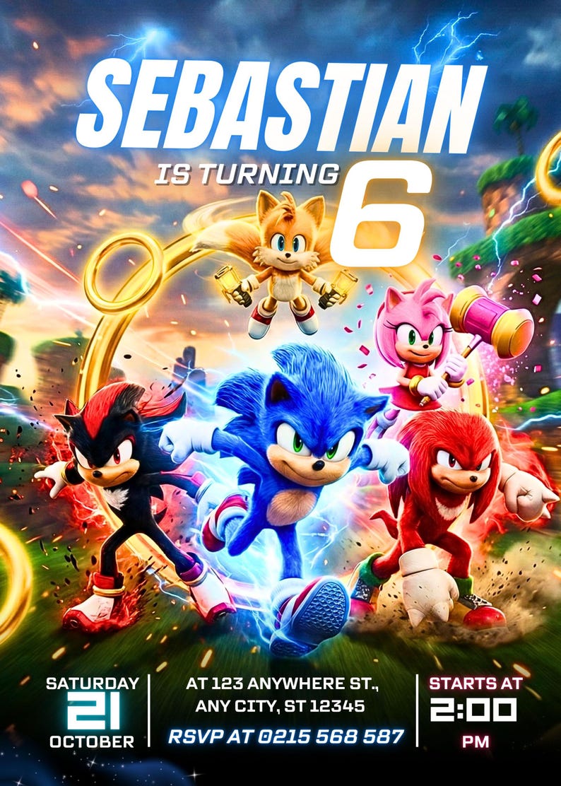 Editable Sonic the Hedgehog Birthday Invitation Template Digital ...