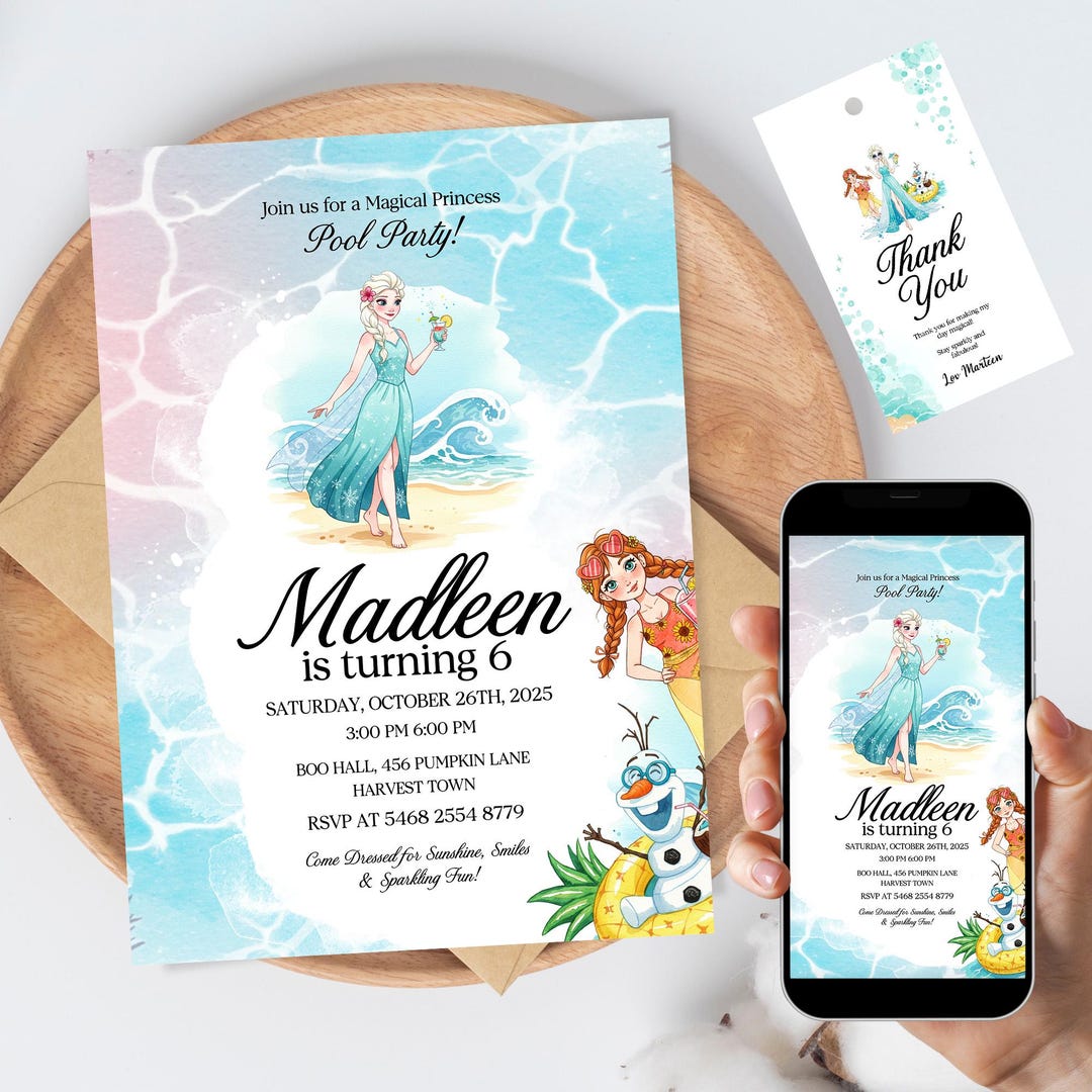 Frozen Pool Party Invitation: Elsa, Anna, Olaf Birthday (digital ...