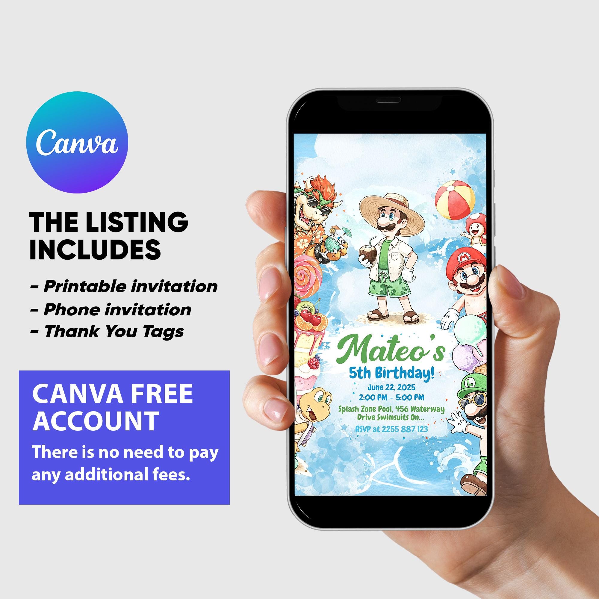 Super Mario Pool Party Invitation: Editable Birthday Canva Template ...