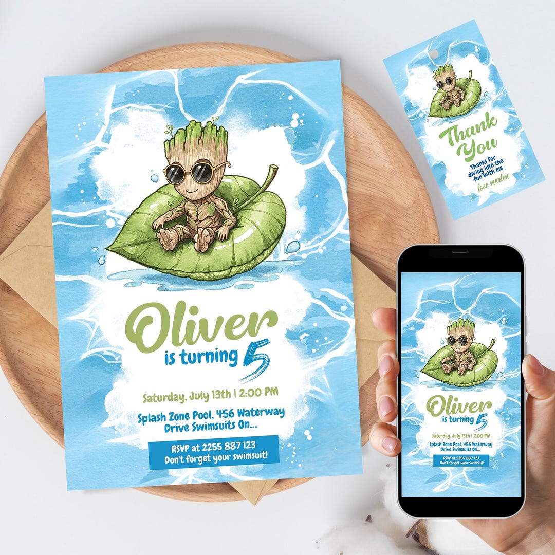 Baby Groot Pool Party Invitation: Editable Superhero Birthday (digital ...