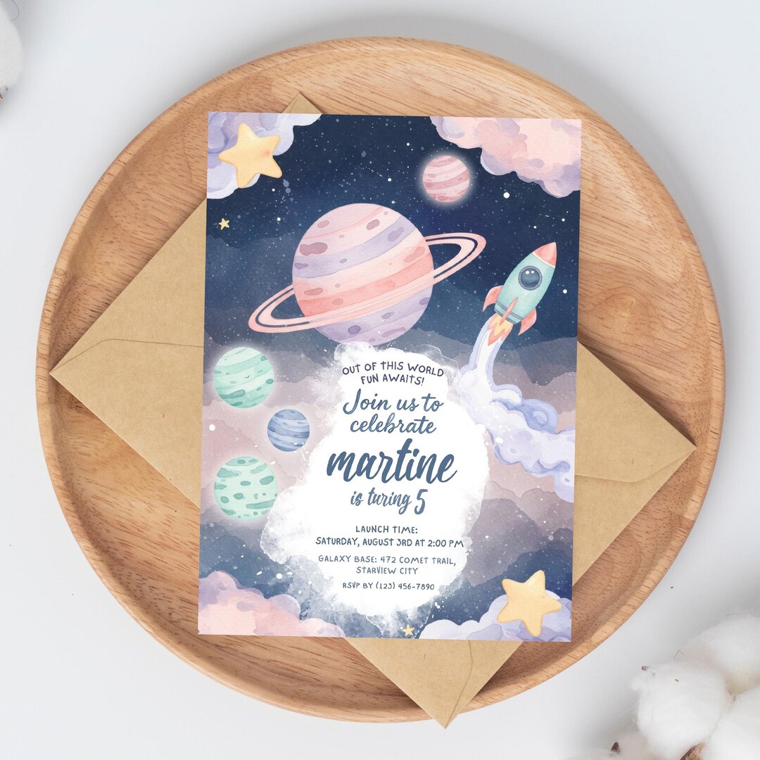 Girl Space Birthday Invitation Template - Printable Galaxy Party Invite ...