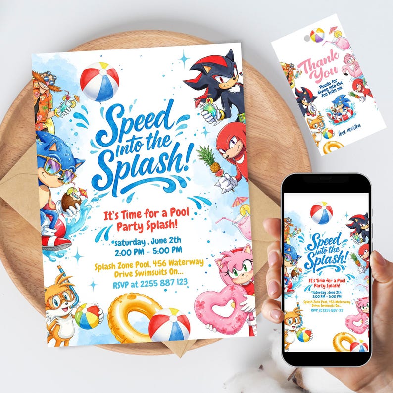 Sonic Pool Party Birthday Invitation | Editable Sonic Canva Template ...