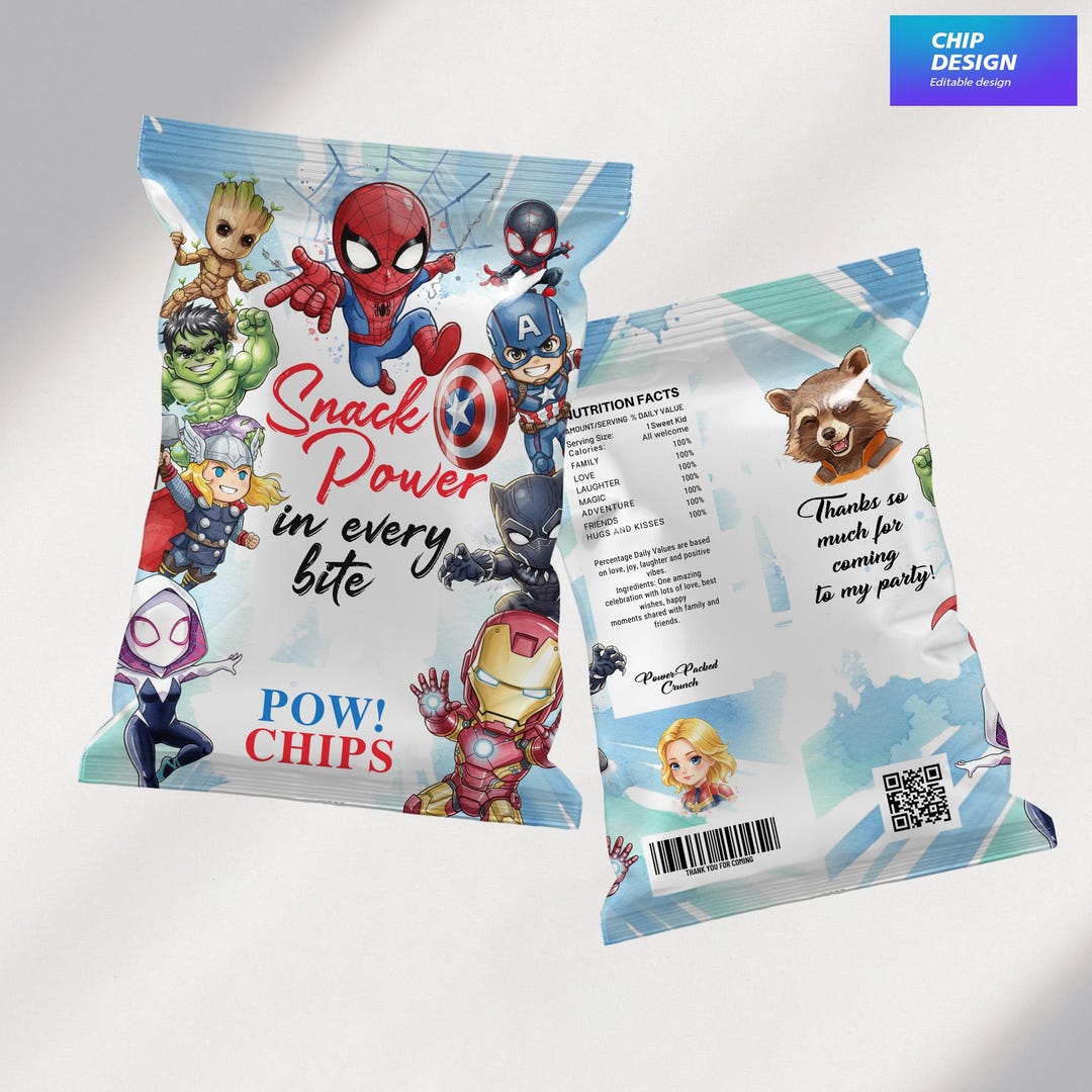 Superhero Avengers Chip Bag Wrapper, Superhero Avengers Snack Bag ...