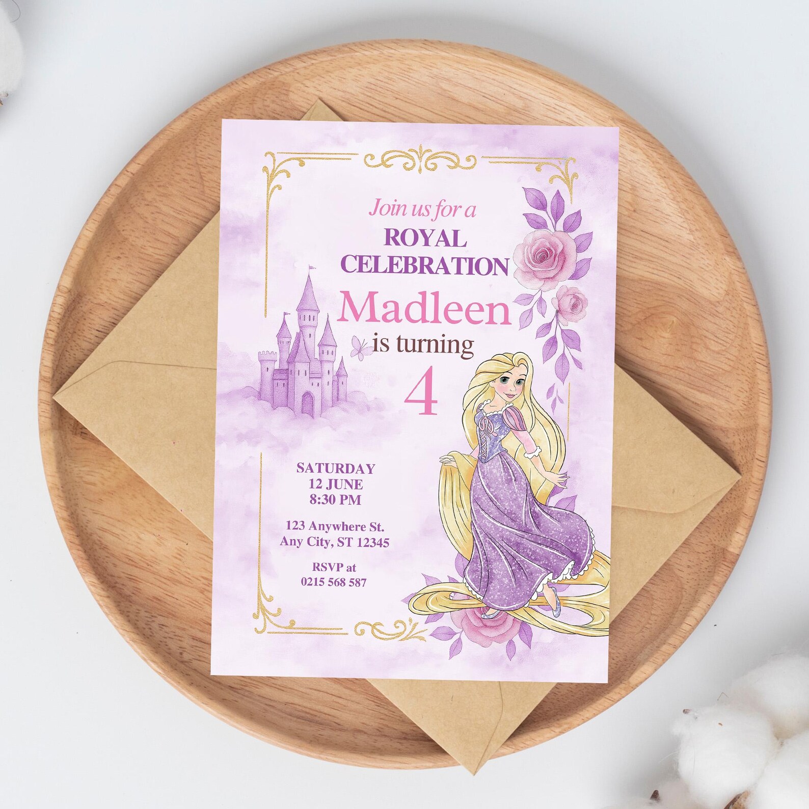 Rapunzel 4th Birthday Invitation: Purple Princess Castle (digital ...