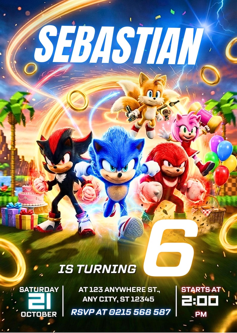 Editable Sonic the Hedgehog Birthday Invitation Template Digital ...