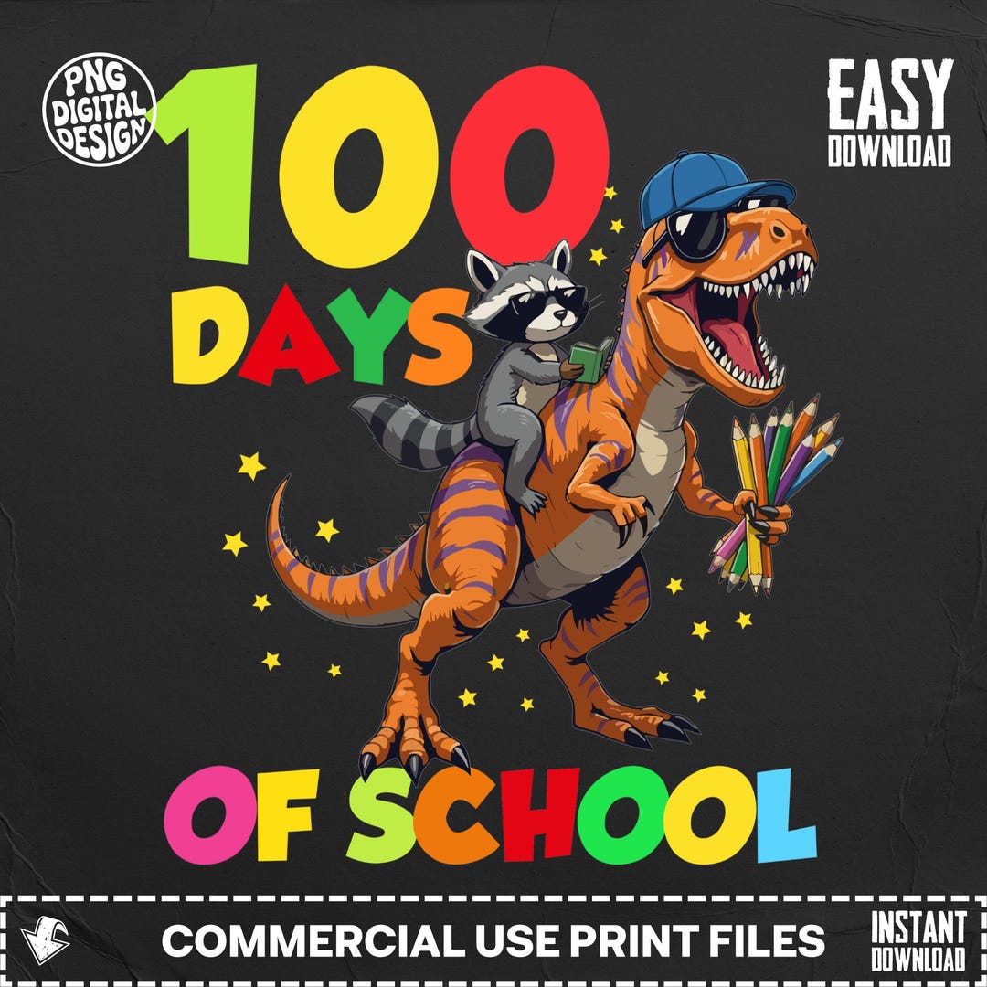100 Days of School PNG, Funny Design Raccoon Riding T-rex - Etsy