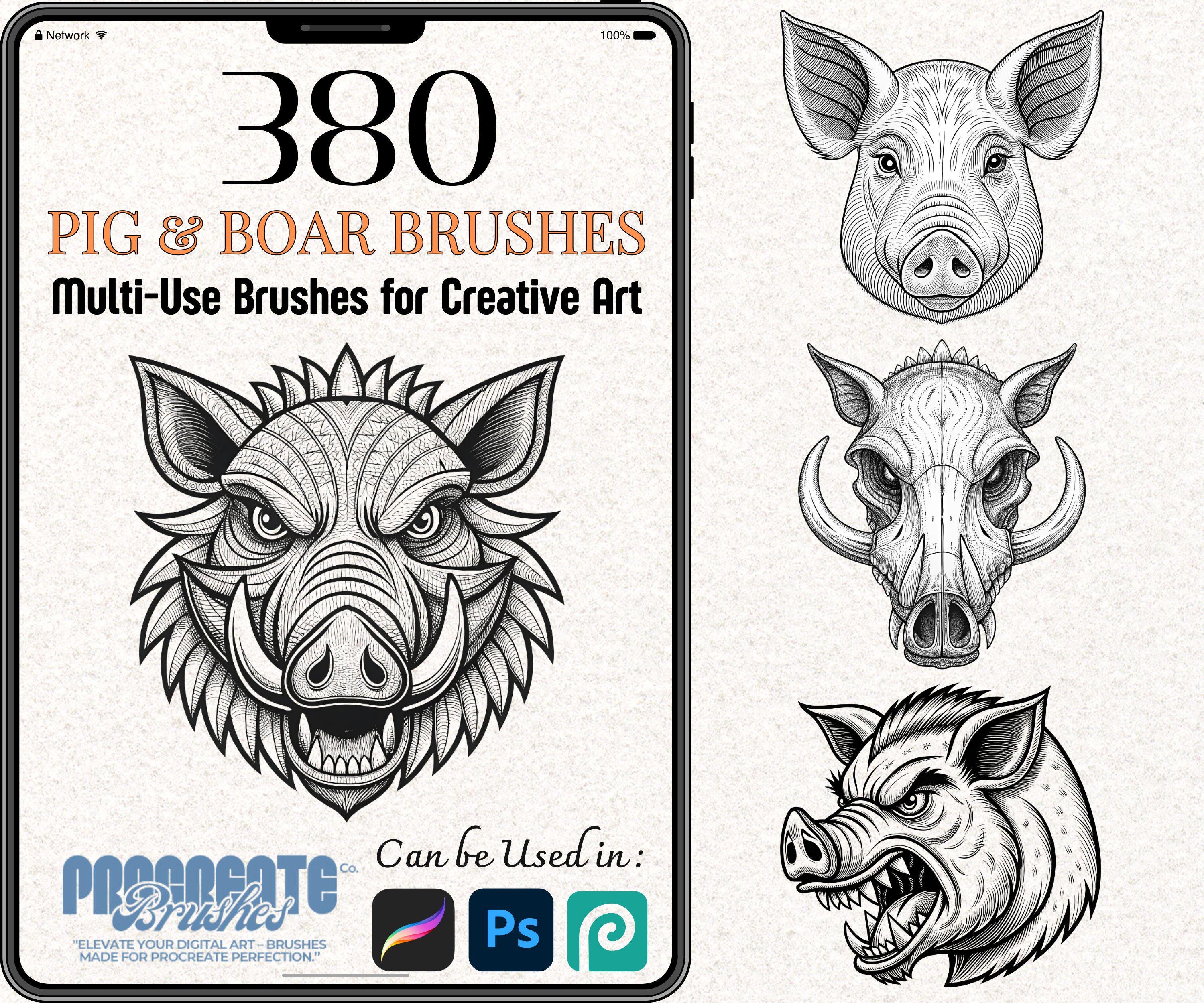 380 Pig Boar Brushes for Procreate & Photoshop – Tattoo Line Art Stamp ...