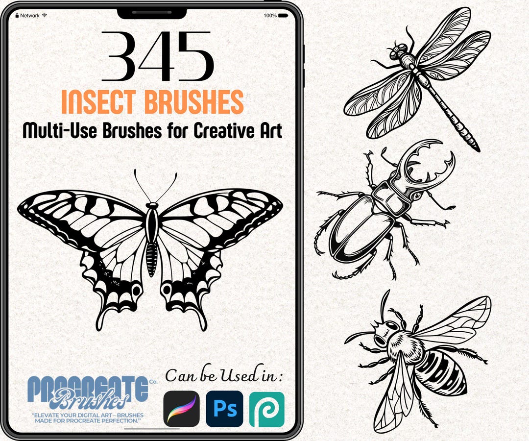 345 Insect Brushes for Procreate & Photoshop – Tattoo Line Art Stamp ...