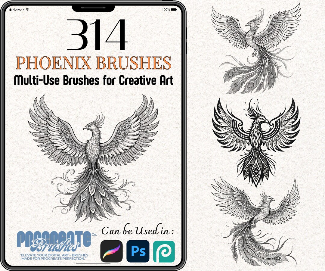 314 Phoenix Brushes for Procreate & Photoshop – Mythical Bird Stamp ...