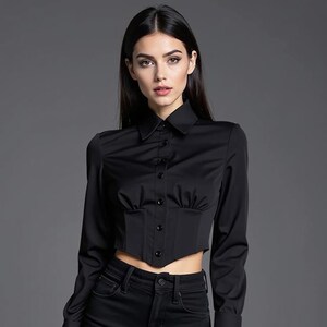 Black Cropped Shirt With Corset Detail, Long Sleeves Button up Top ...