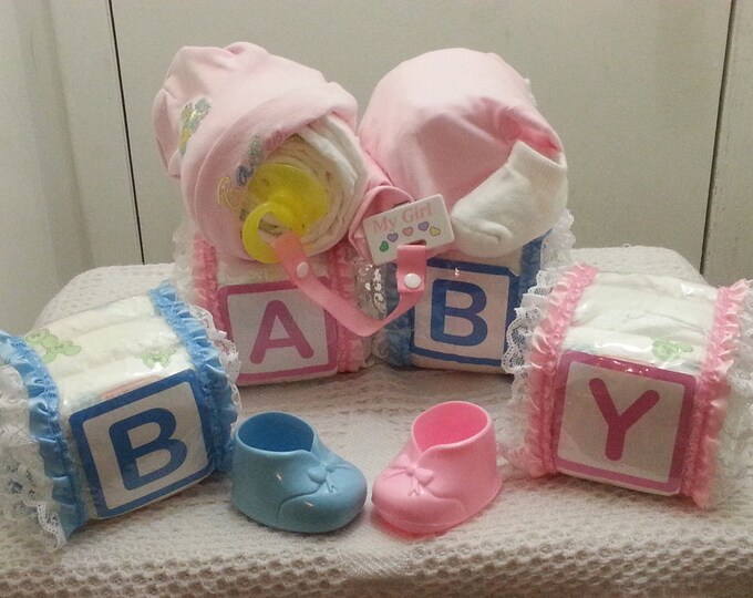 Alphabet Baby Blocks Sleeping Baby Diaper Cake Gift Set Boy Girl Unisex ...