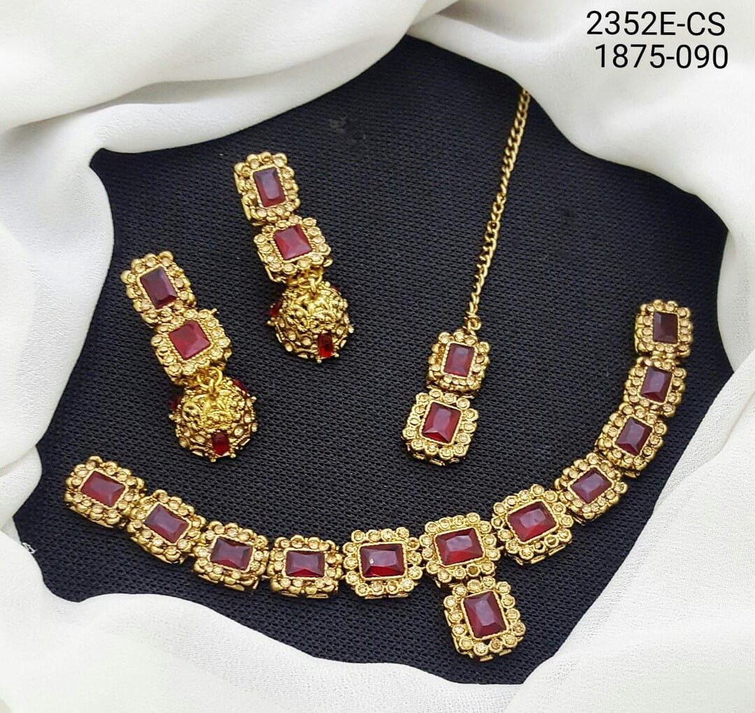 Traditional Gold Plated Ruby Red Stone Necklace Set | Bridal Indian ...