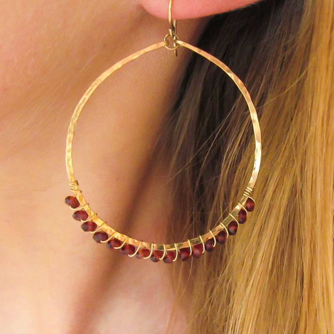 Large Garnet Arc Hoops - 14k Gold Filled and Garnet Hoop Earrings ...