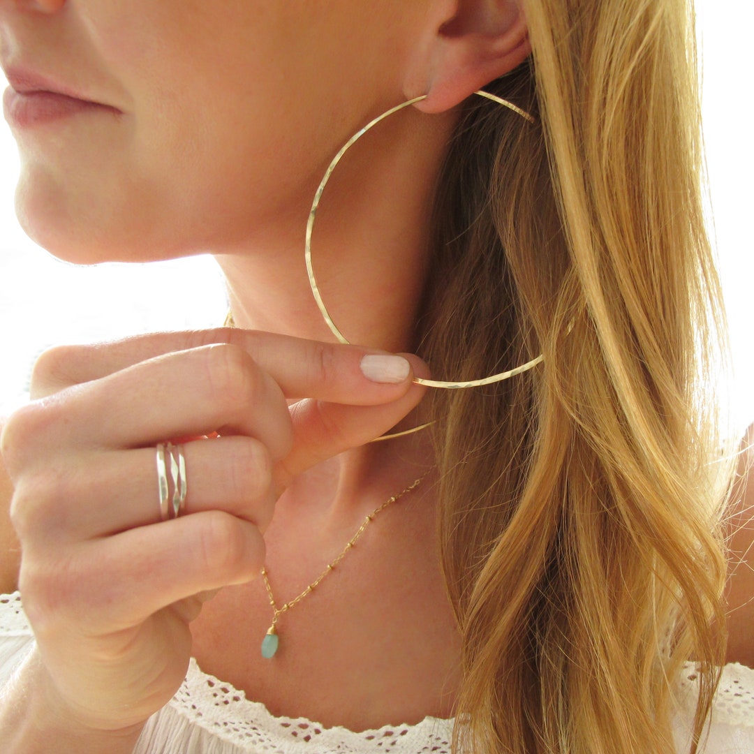 Three Inch Hoop Earrings - Extra Large Gold Hoop Earrings - Hammered ...