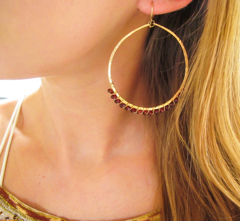Large Garnet Arc Hoops 14k Gold Filled and Garnet Hoop - Etsy
