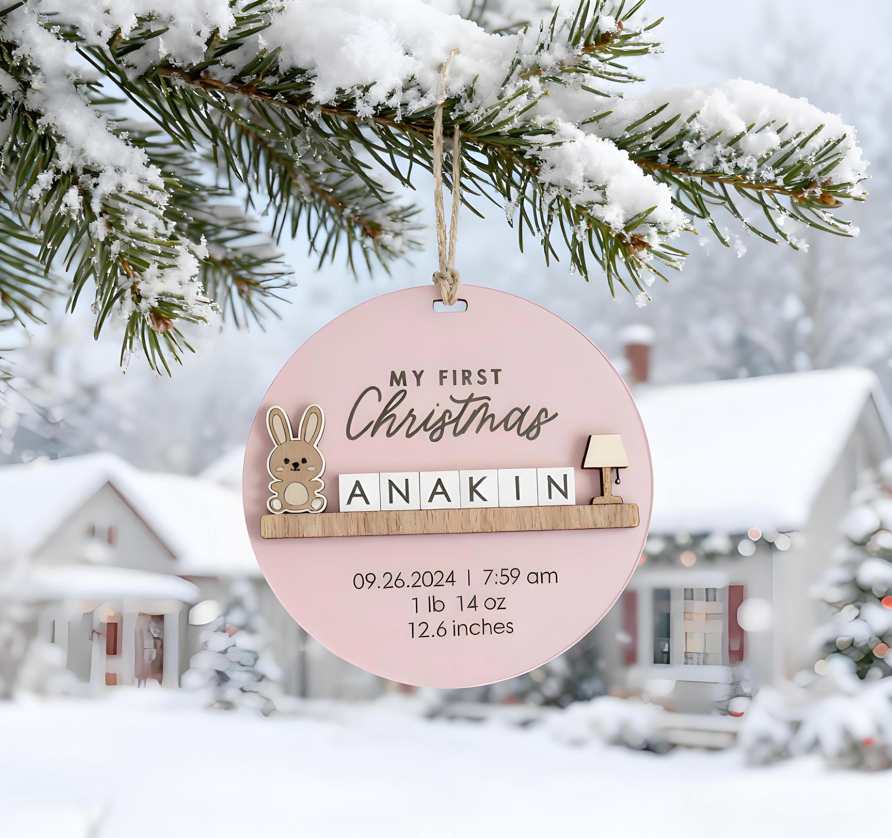 Baby’s First Christmas Ornament With Wooden Base, Personalized Newborn ...