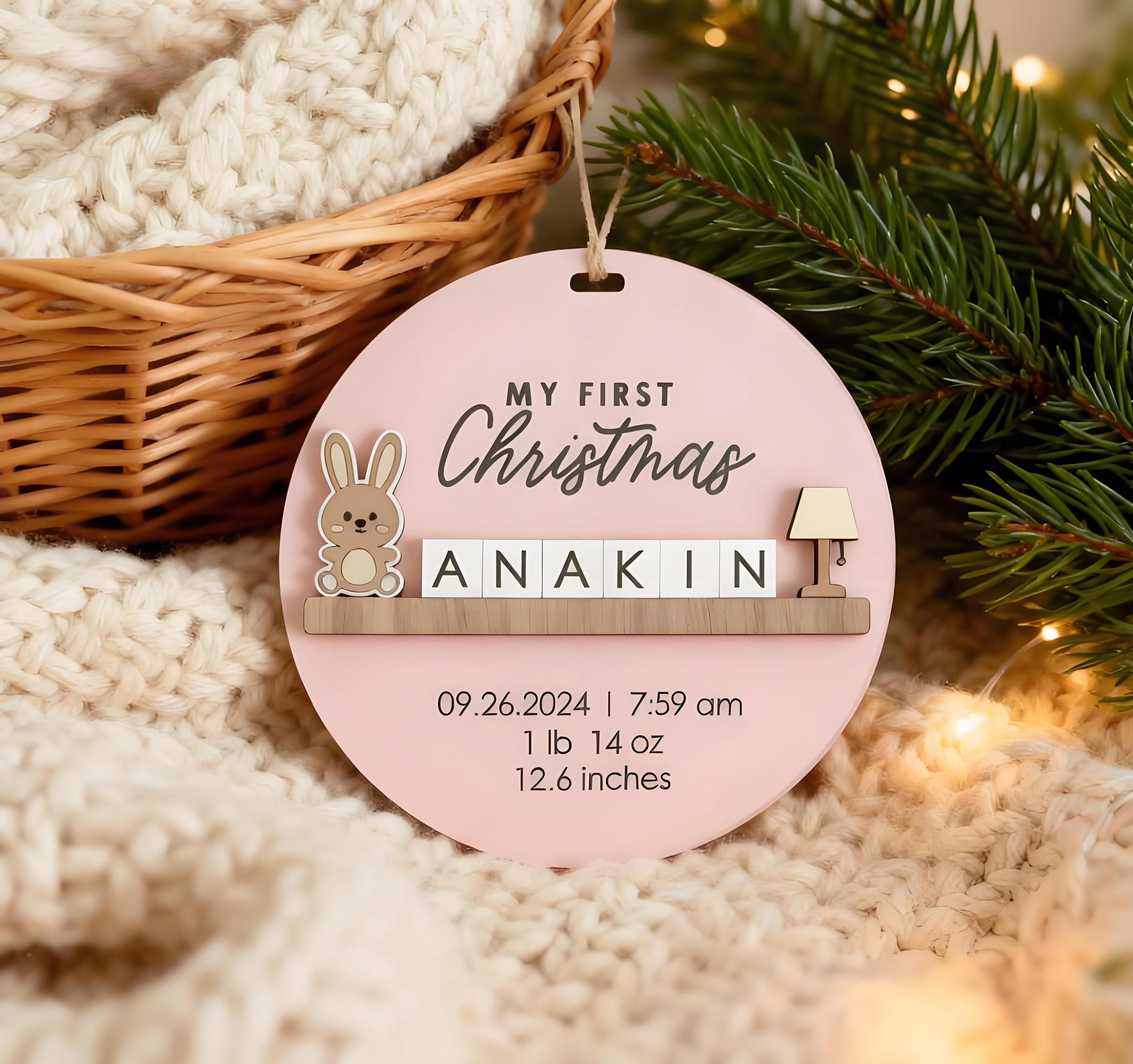 Baby’s First Christmas Ornament With Wooden Base, Personalized Newborn ...