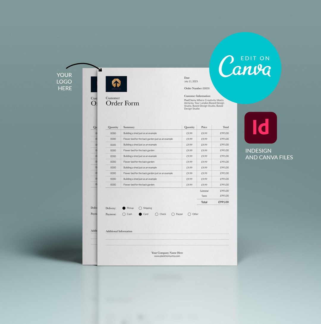 Custom Order Form Template | Editable Purchase Order | Small Business ...