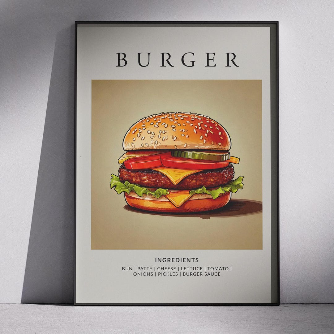 Classic Burger Art Print | Retro Diner Wall Decor | Kitchen Food Poster ...
