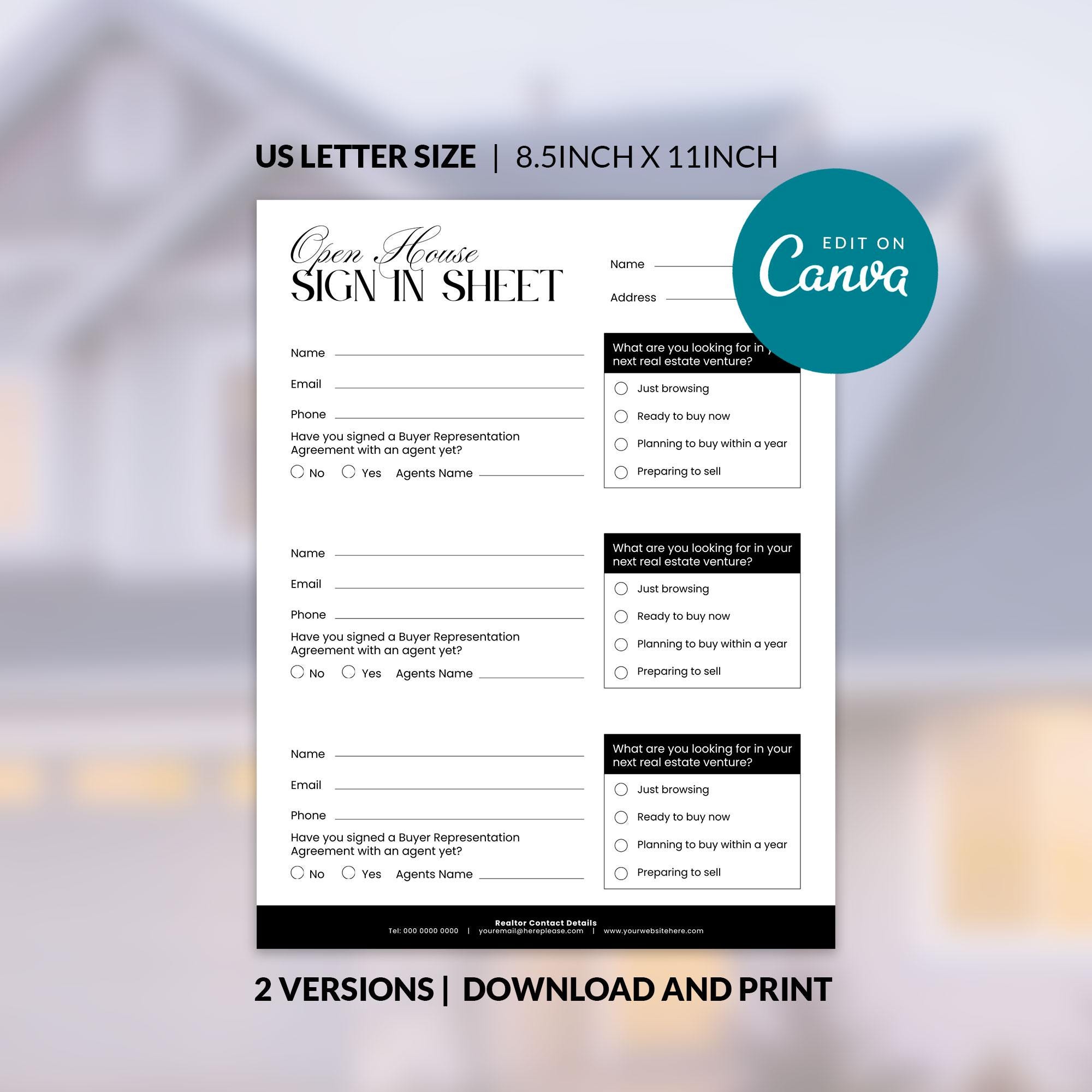 Open House Sign in Sheet | Editable Canva Template & Pdfs | Real Estate ...