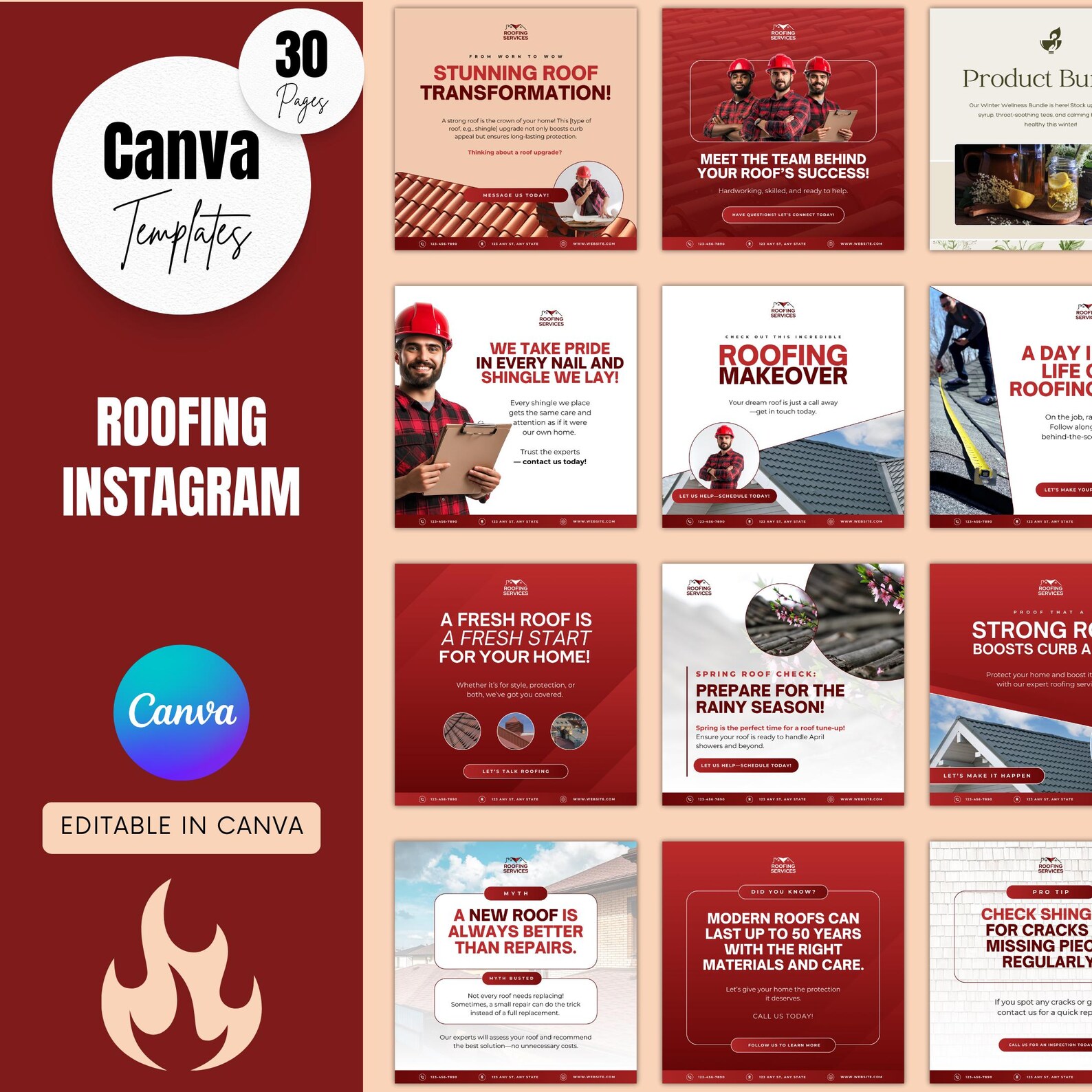 Roofing Instagram Template, Roofing Business Services Template, Canva ...