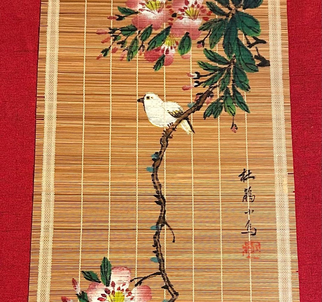 Asian Bamboo Scroll Wall Hanging, Hand-painted With Bird and Flowers - Etsy