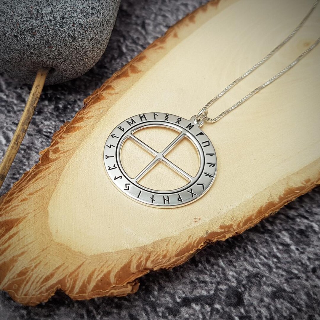 Solar Cross Pendant With Elder Futhark Runes, Viking Necklace, Norse ...
