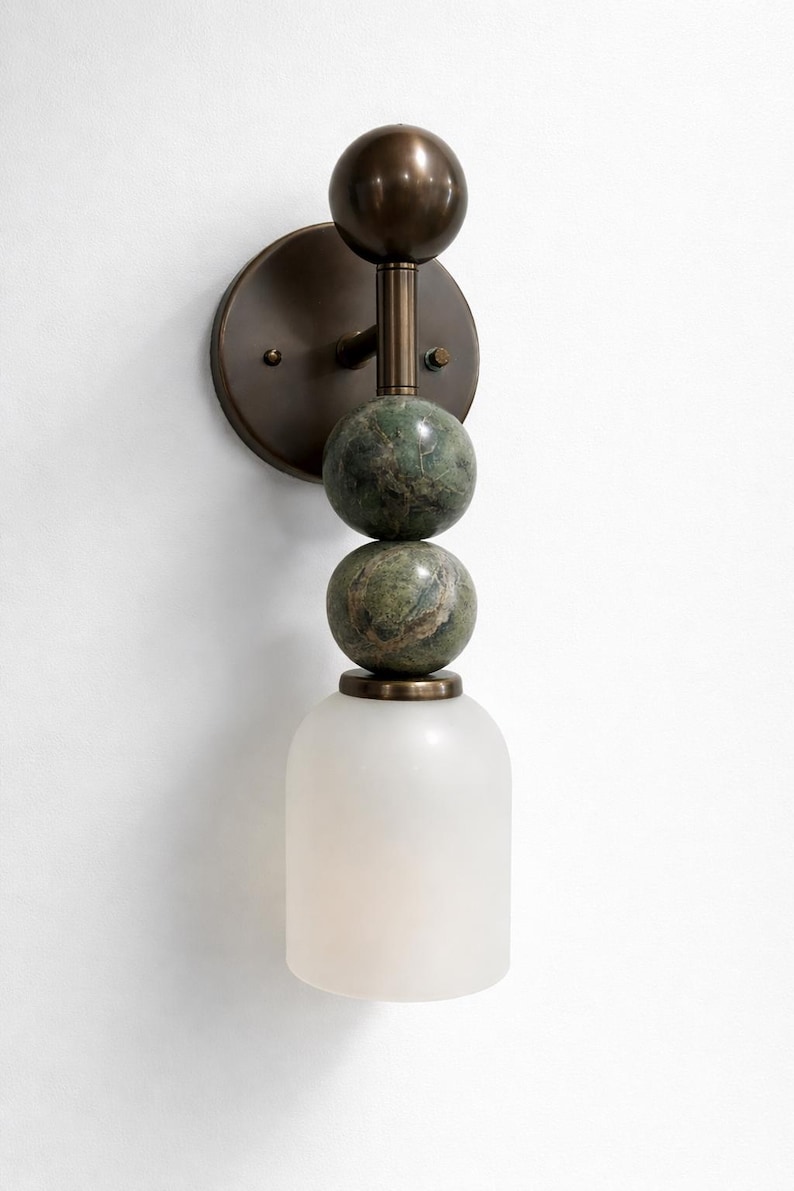 Handmade Gemstone Brass Sconce With Frosted Glass Globe, Mid Century ...