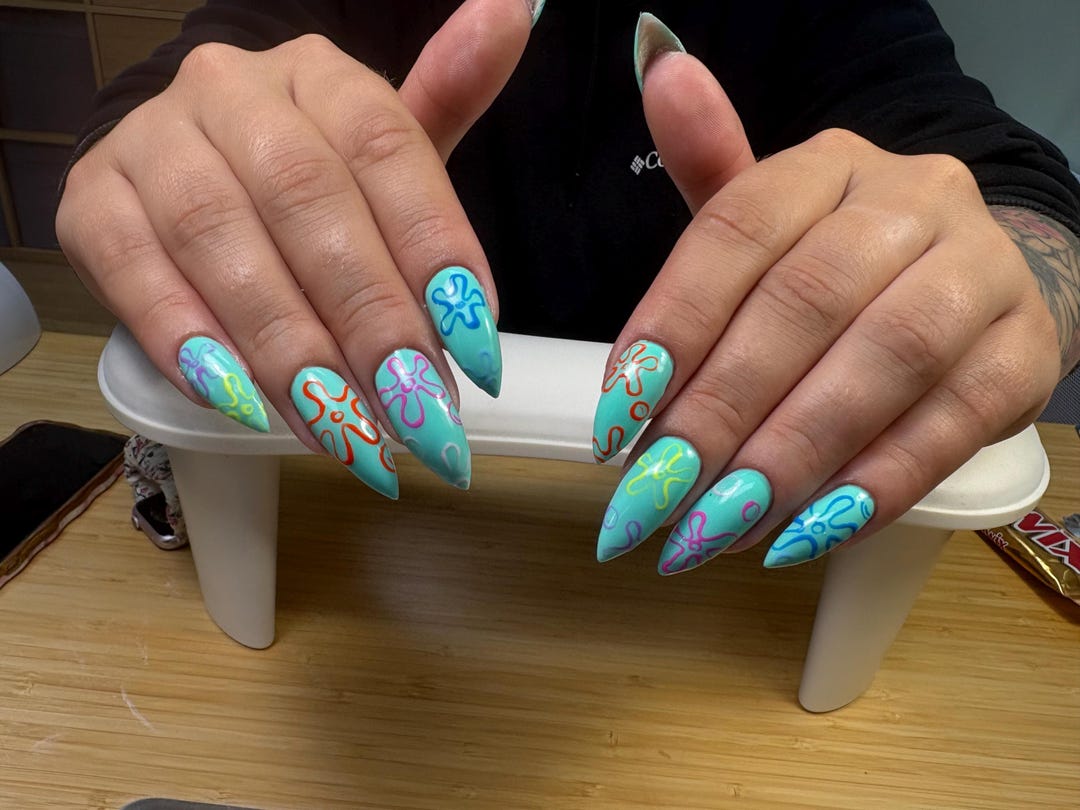 Spongebob Press on Nails | Blue Under the Sea Nails | Colourful Neon ...