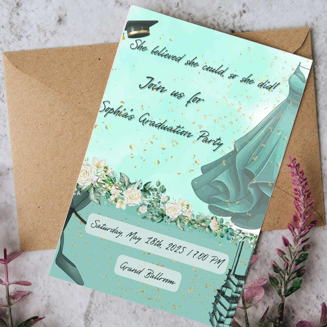 Editable Graduation Invitation Canva Template | Green & Gold 5x7 ...