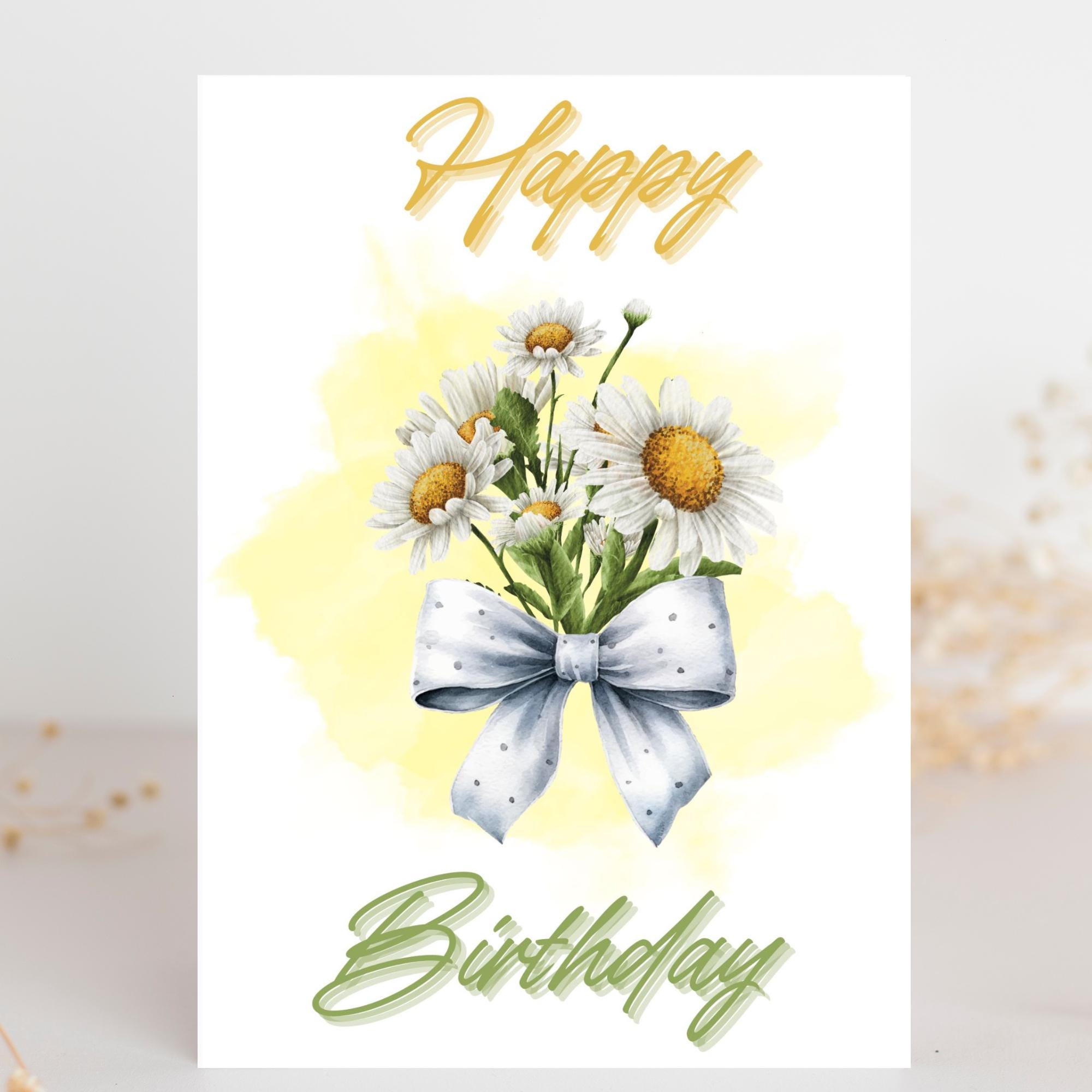 Daisy Birthday Card Printable | Polka Dot Ribbon Floral Greeting | 5x7 ...