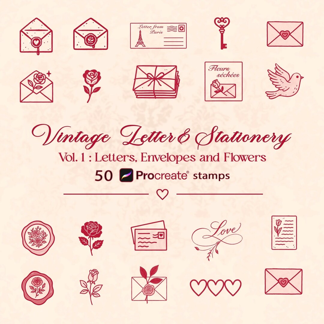 Vintage Letter Procreate Stamps: Romantic Stationery, Envelopes, Roses ...
