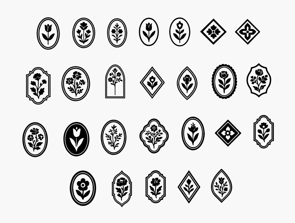 Vintage Floral Clipart: Black Flower Emblems, Retro Botanical Badges ...