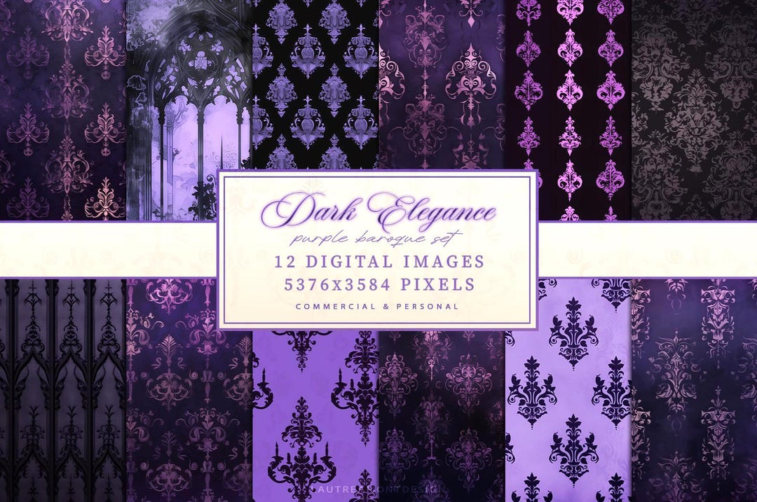 Gothic Purple Baroque Digital Paper Pack: Damask & Cathedral (PNG JPG ...