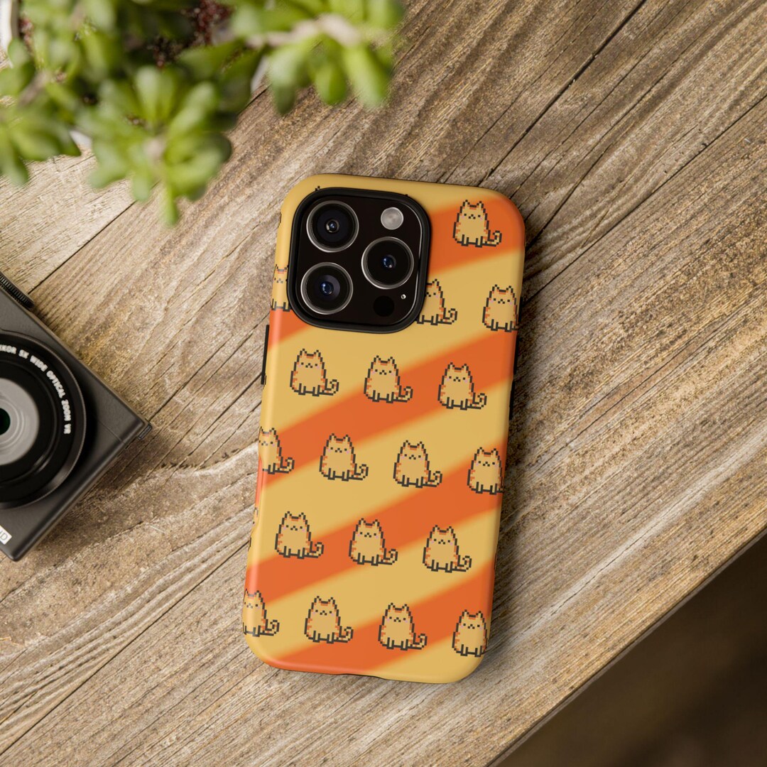 Phone Case, Pixel Art, Cute Orange Cat, Tough Protective Cover, Unique ...