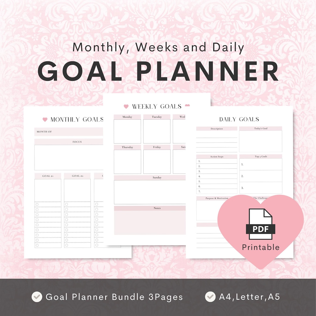 Monthly Goal Planner Bundle, Printable Digital Template Planner PDF｜A4 ...