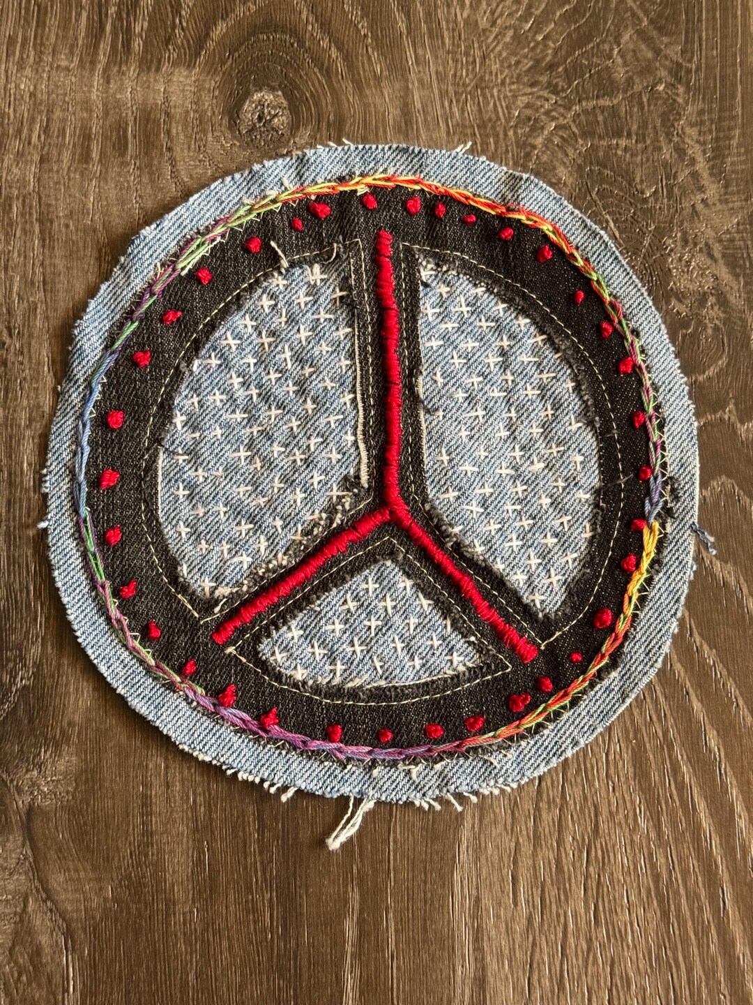 Handmade Peace Sign Denim Patch – Upcycled Jeans, Sashiko Stitching ...