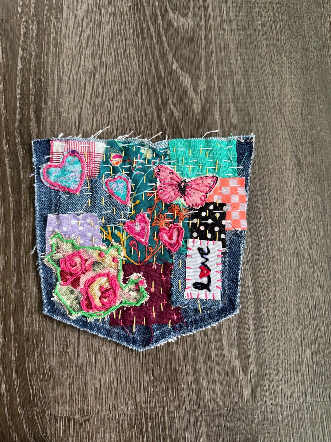 Upcycled Denim Pocket Patch – “love” Embroidered Collage With Butterfly ...