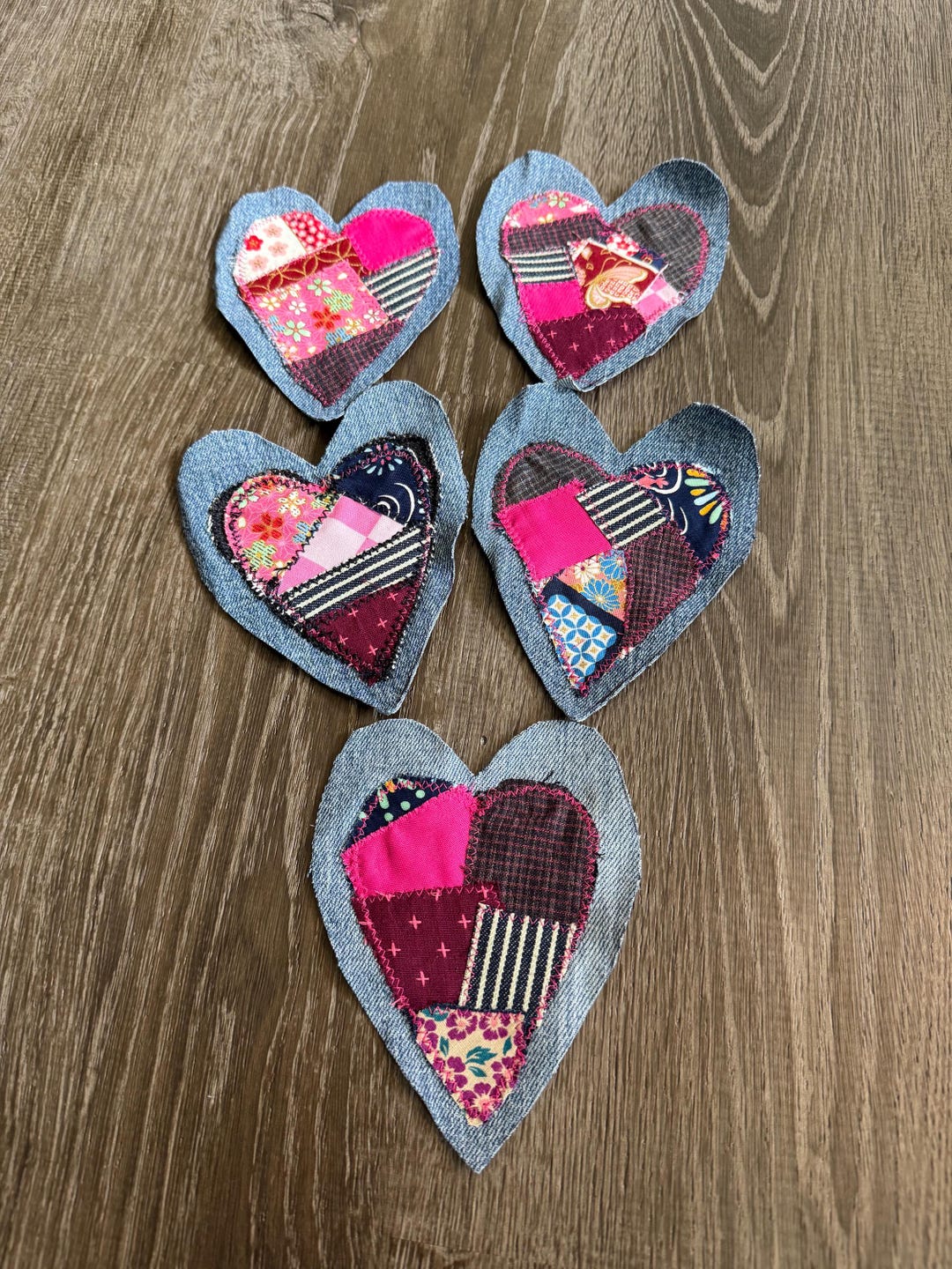 Upcycled Denim Heart Patches – Handmade Fabric Collage Appliqué, Pink ...