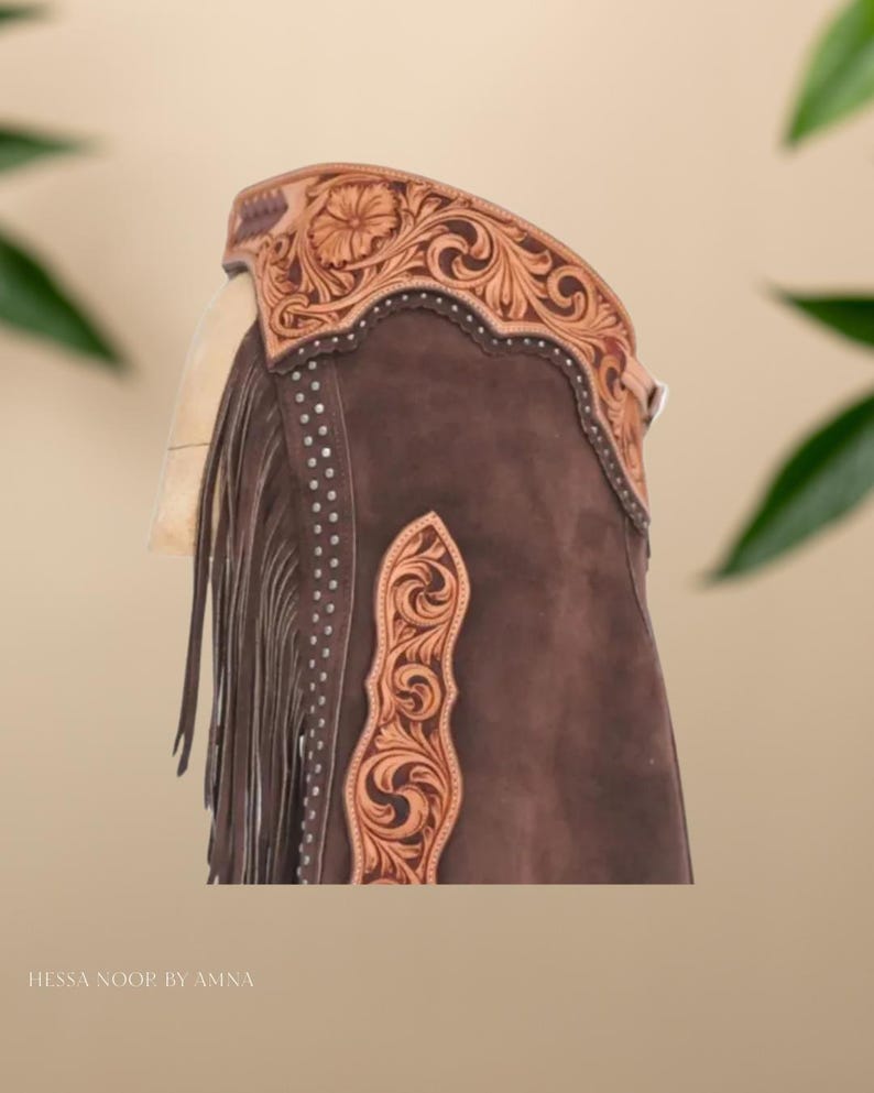 Dark Brown Suede Leather Chap Western Chinks – Floral Tooled Yoke Chink ...