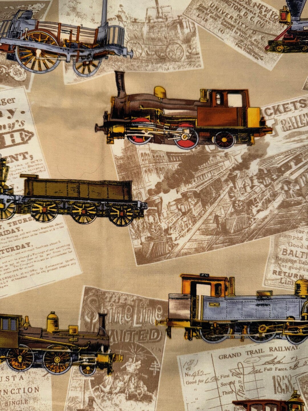 1 Yard Tan Trains Locomotive Cotton Quilt Fabric by Robert Kaufman ...